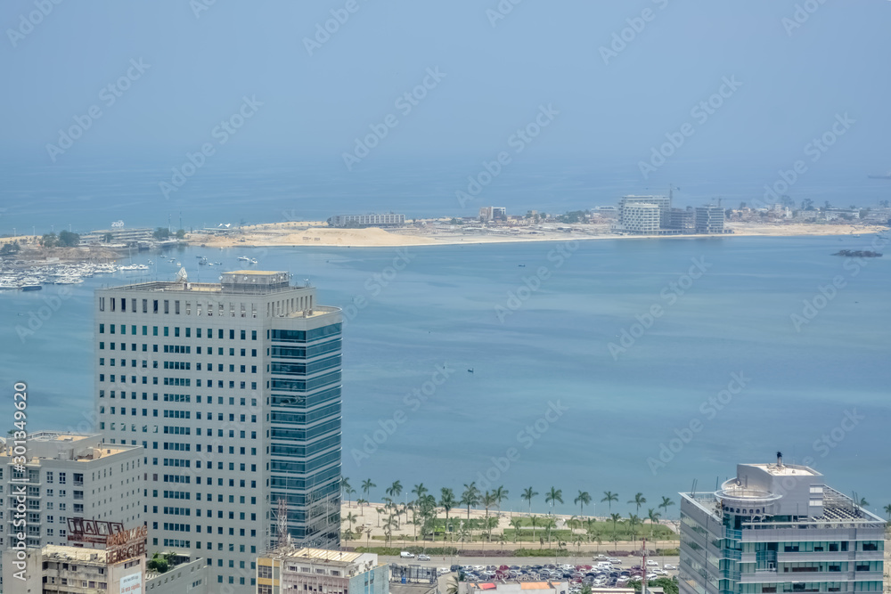 Aerial view of downtown Luanda, bay and Port of Luanda, marginal and ...