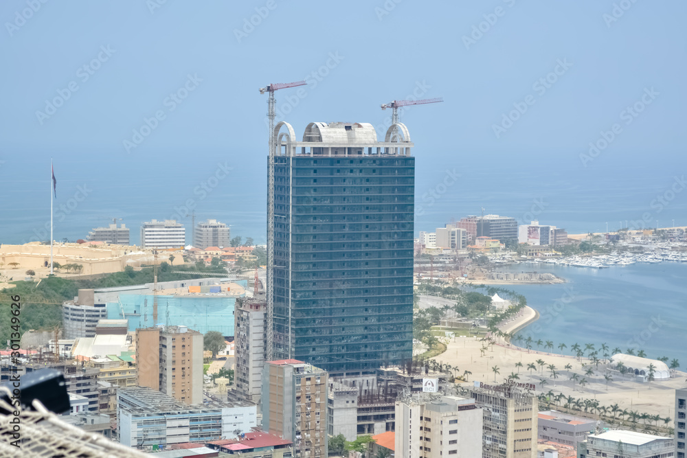 Aerial view of downtown Luanda, bay and Port of Luanda, marginal and ...