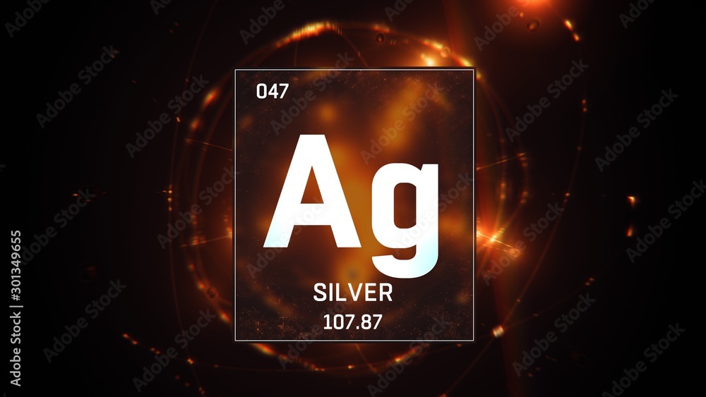 3D illustration of Silver as Element 47 of the Periodic Table. Orange ...