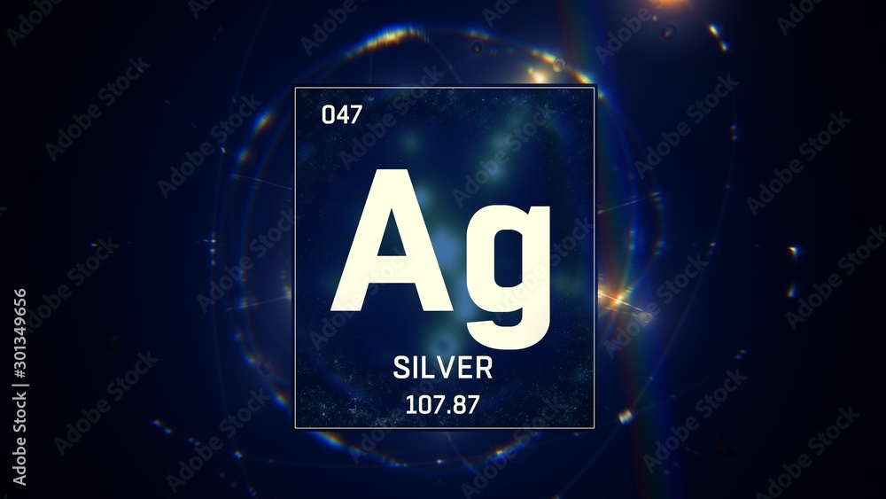 3D illustration of Silver as Element 47 of the Periodic Table. Blue ...