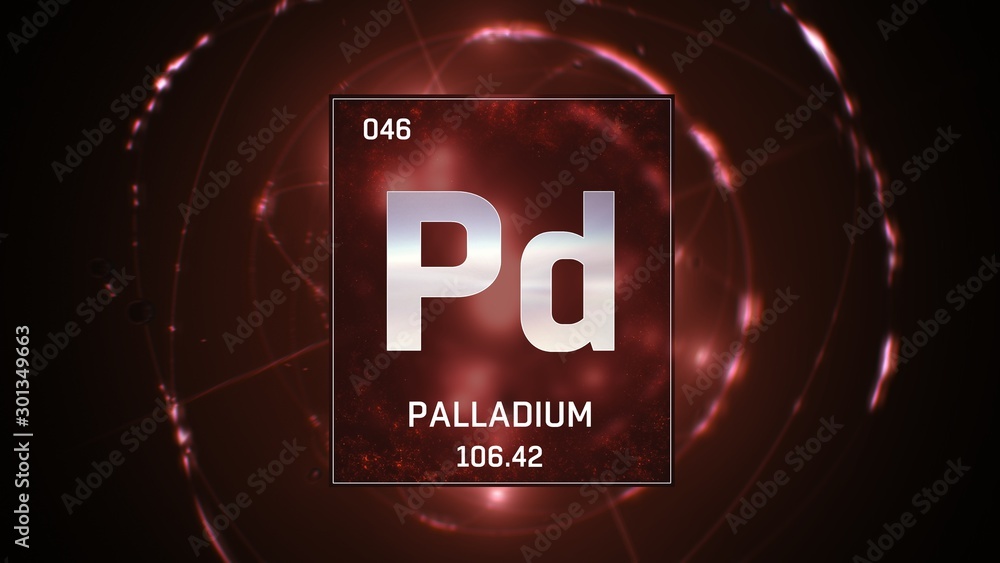 3D illustration of Palladium as Element 46 of the Periodic Table. Red ...