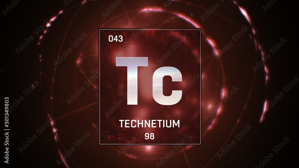 3D illustration of Technetium as Element 43 of the Periodic Table. Red ...