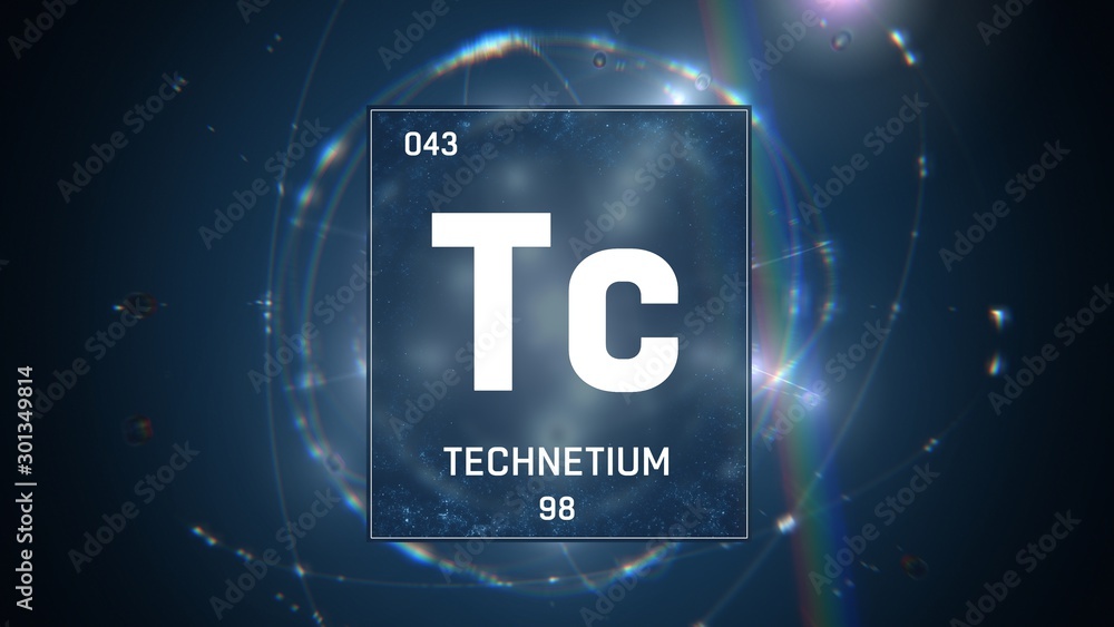 3D illustration of Technetium as Element 43 of the Periodic Table. Blue ...