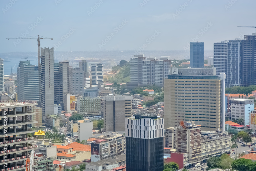 Aerial view of downtown Luanda, bay and Port of Luanda, marginal and ...