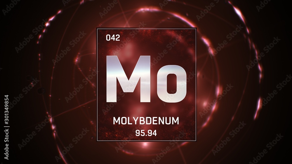 3D illustration of Molybdenum as Element 42 of the Periodic Table. Red ...