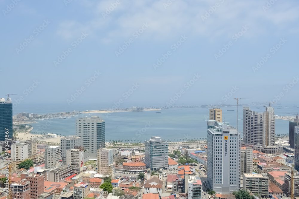 Aerial view of downtown Luanda, bay and Port of Luanda, marginal and ...