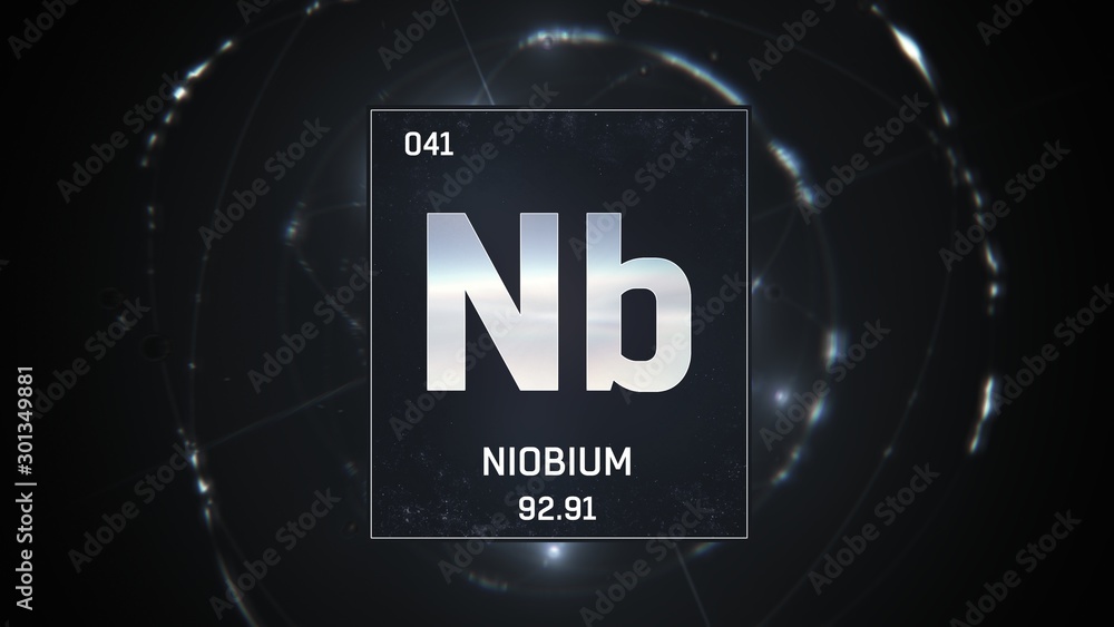 3D illustration of Niobium as Element 41 of the Periodic Table. Silver ...