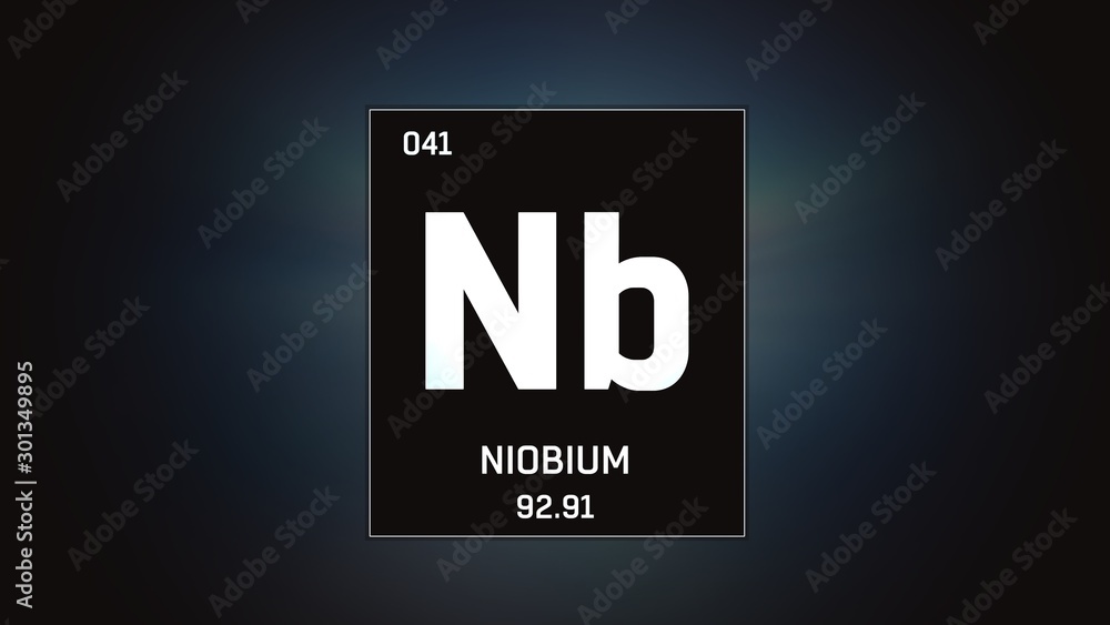 3D illustration of Niobium as Element 41 of the Periodic Table. Grey ...