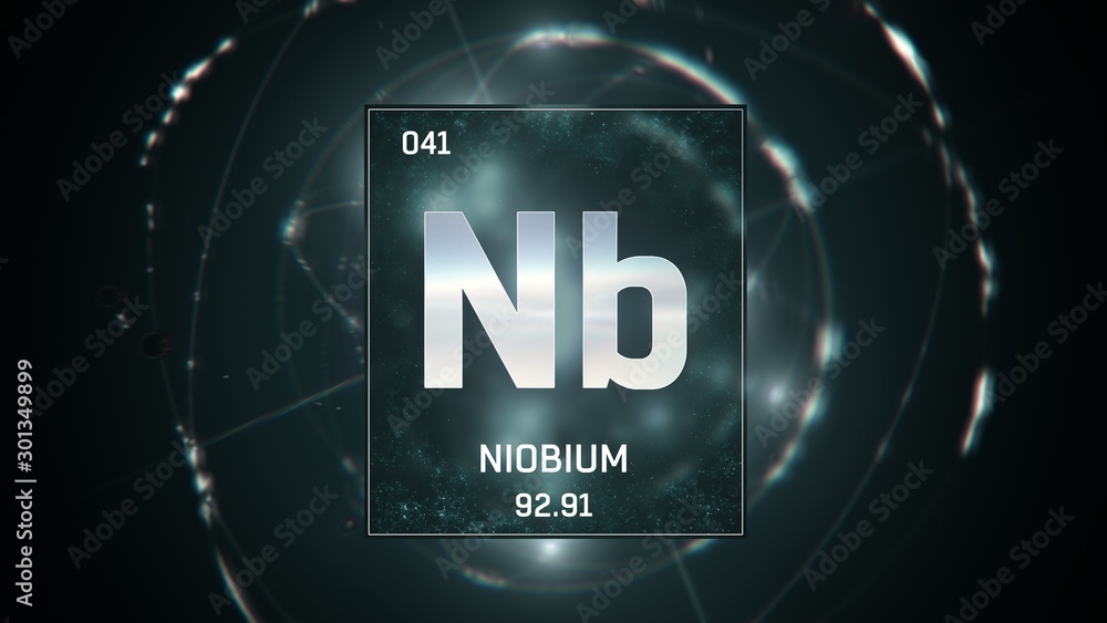 3D illustration of Niobium as Element 41 of the Periodic Table. Green ...