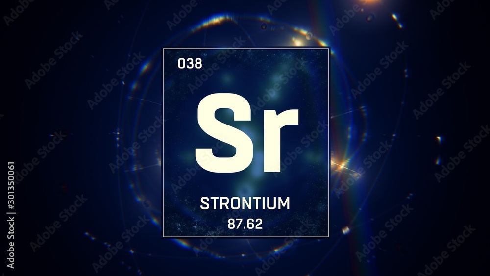 3D illustration of Strontium as Element 38 of the Periodic Table. Blue ...