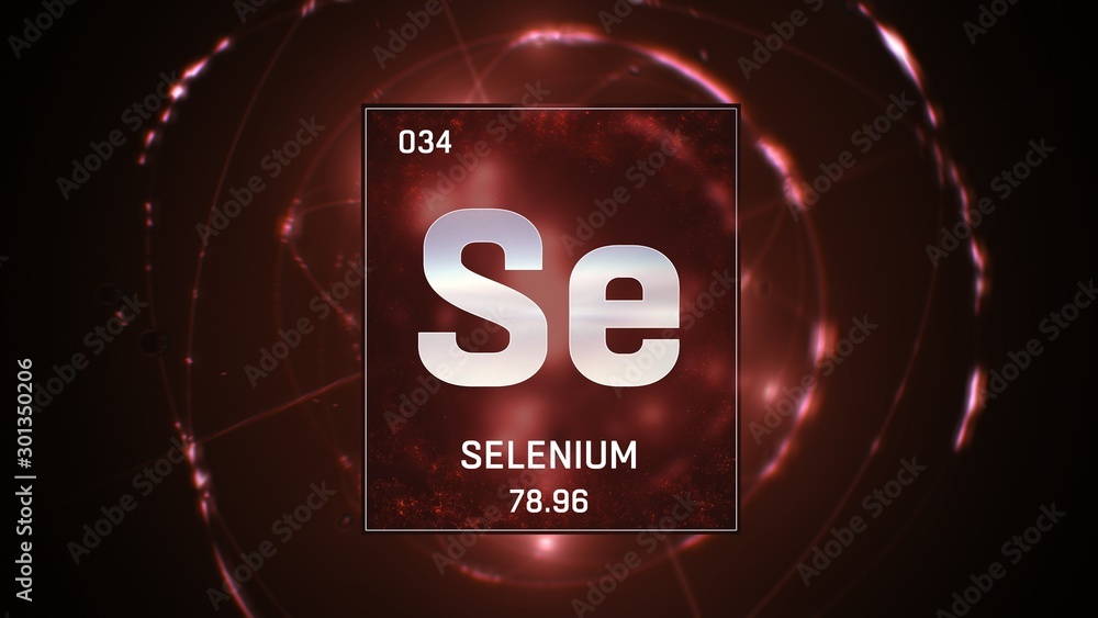 3D illustration of Selenium as Element 34 of the Periodic Table. red ...