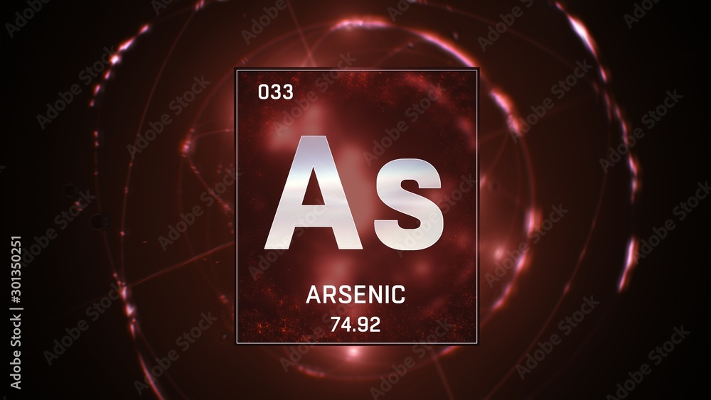 3D illustration of Arsenic as Element 33 of the Periodic Table. Red ...