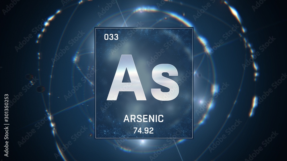 3D illustration of Arsenic as Element 33 of the Periodic Table. Blue ...
