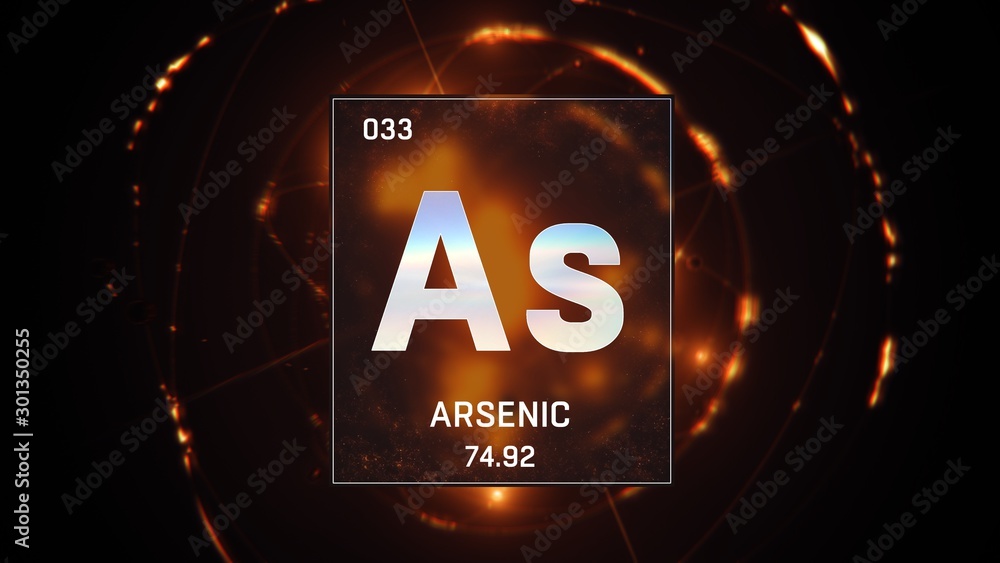 3D illustration of Arsenic as Element 33 of the Periodic Table. Orange ...