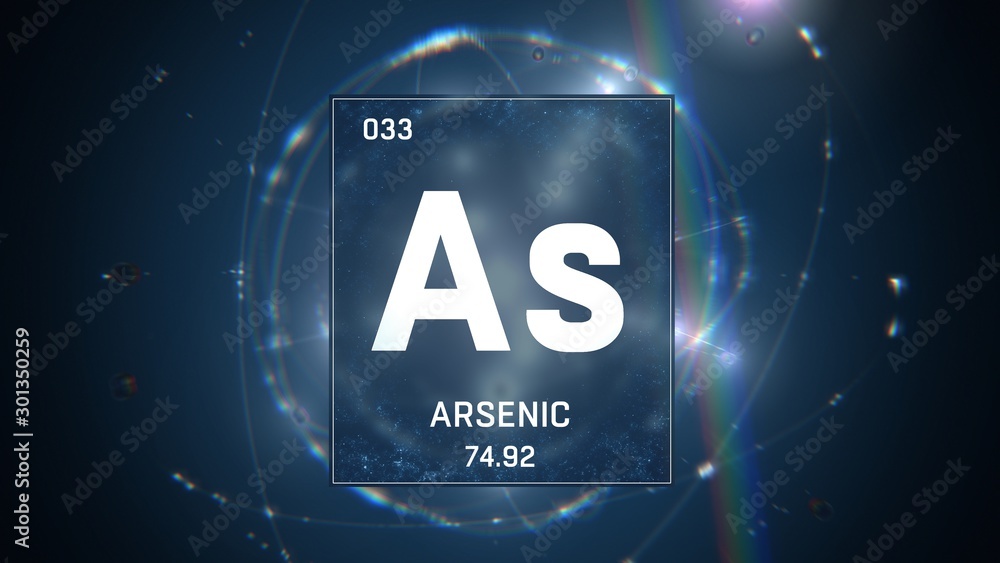 3D illustration of Arsenic as Element 33 of the Periodic Table. Blue ...