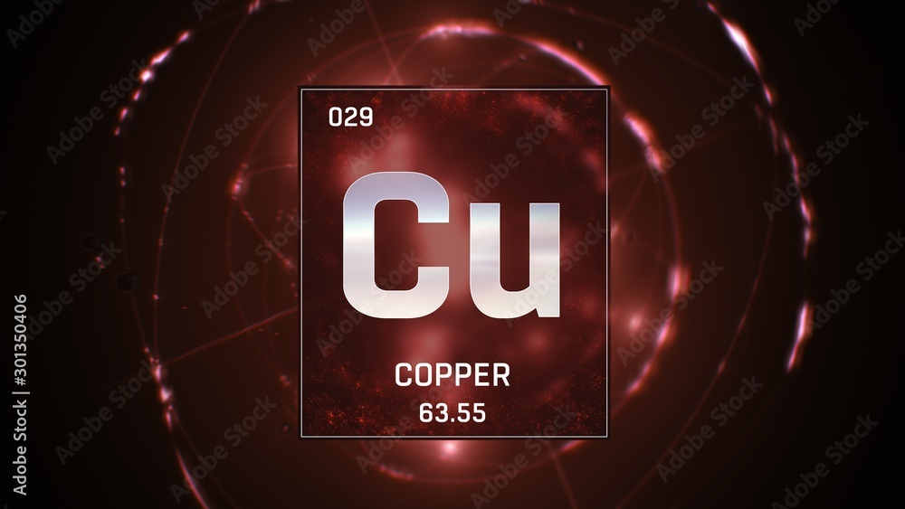 3D illustration of Copper as Element 29 of the Periodic Table. Red ...