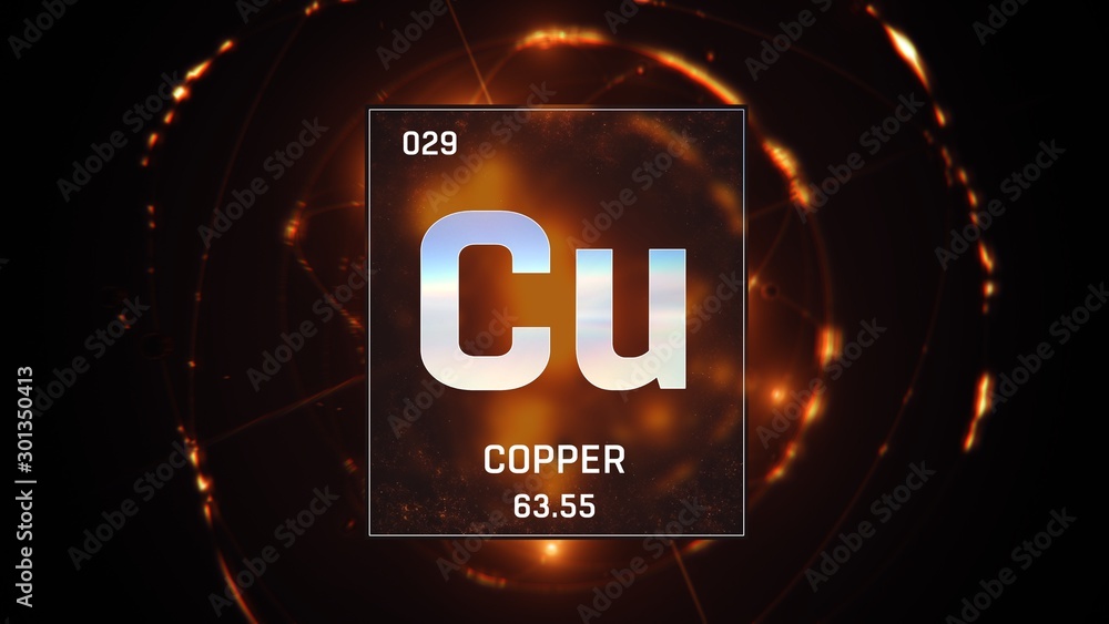 3D illustration of Copper as Element 29 of the Periodic Table. Orange ...