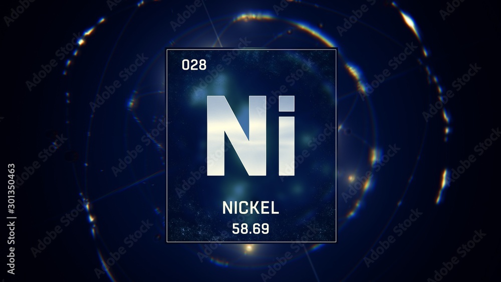 3D illustration of Nickel as Element 28 of the Periodic Table. Blue ...