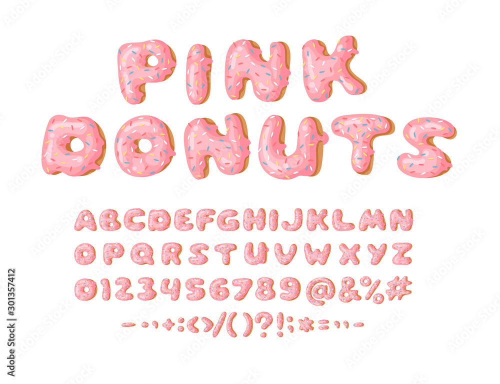 Cartoon vector illustration donut. Hand drawn font with sweet bun ...