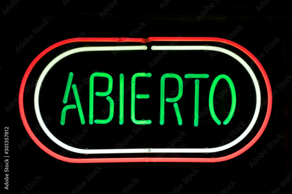 ABIERTO sign (the Spanish word for OPEN) in red, white, and green neon ...