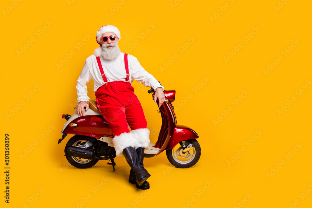 Full body photo of santa man ready for x-mas theme party sitting retro ...
