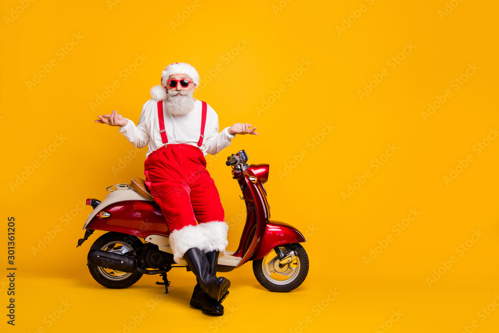 Full size photo of santa sit moped shrug shoulders not feel guilty ...