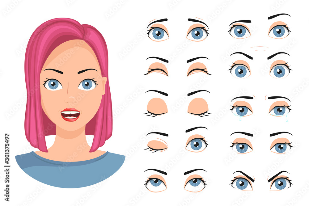 Collection of cartoon female eyes with different emotions. Set of ...