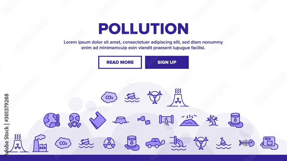 Pollution of Environment Vector Thin Line Icons Set. Air, Water, Soil ...