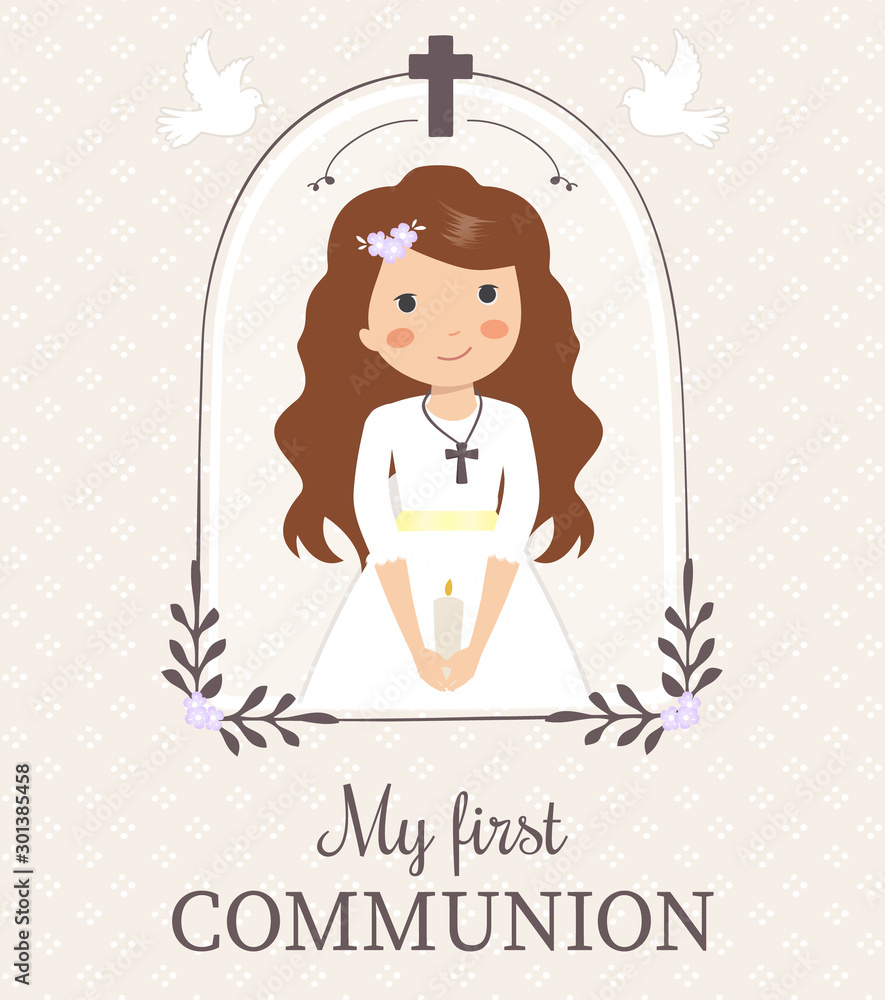 Lovely girl for First Communion. Girl with pigeons and cute frame Stock ...