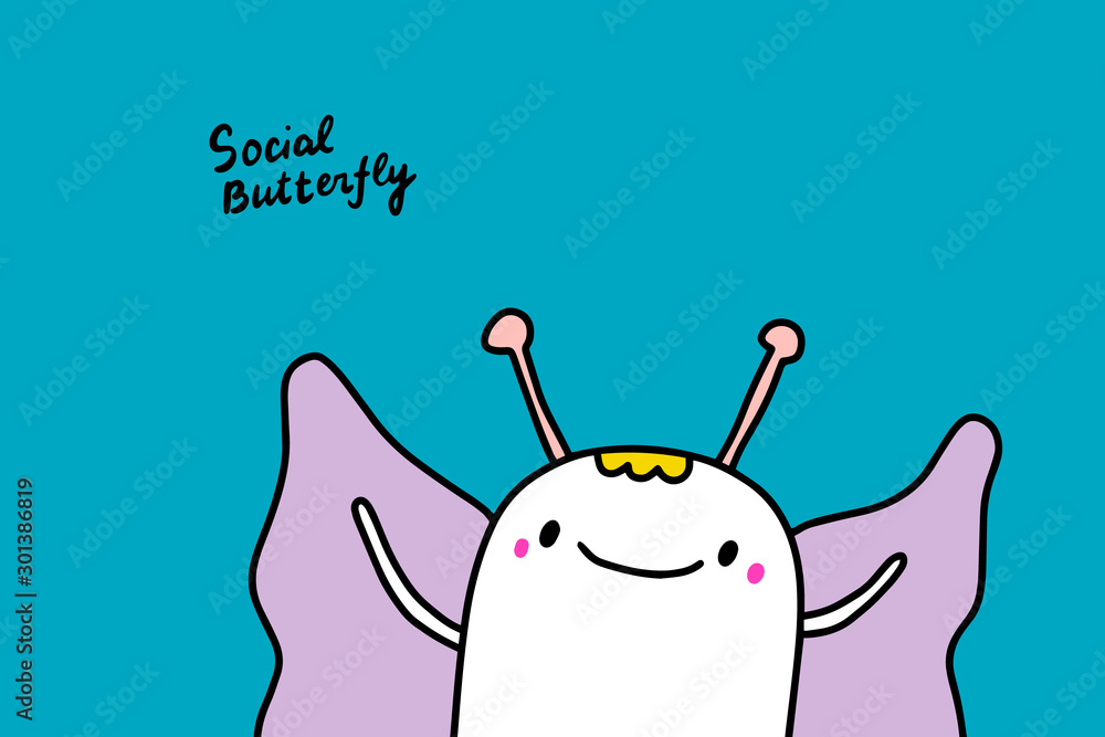 Social butterfly hand drawn vector illustration in cartoon comic style ...