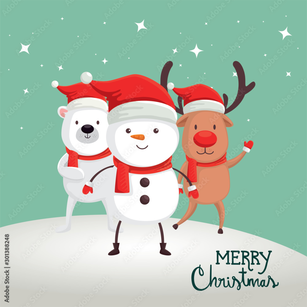 merry christmas poster with snowman and animals design Stock Vector ...
