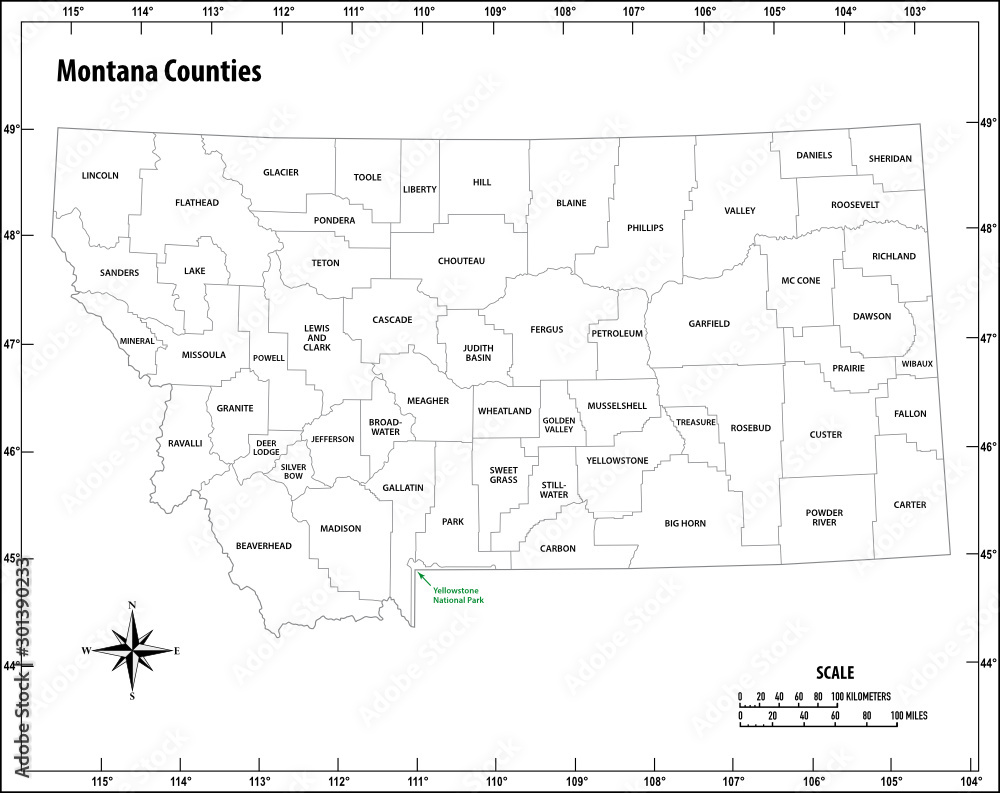 montana state outline administrative and political map in black and ...