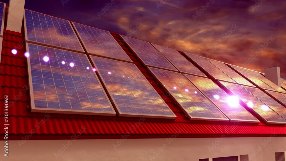 Solar panels installed on a roof, sunset sky - 3D 4k animation vídeo de ...