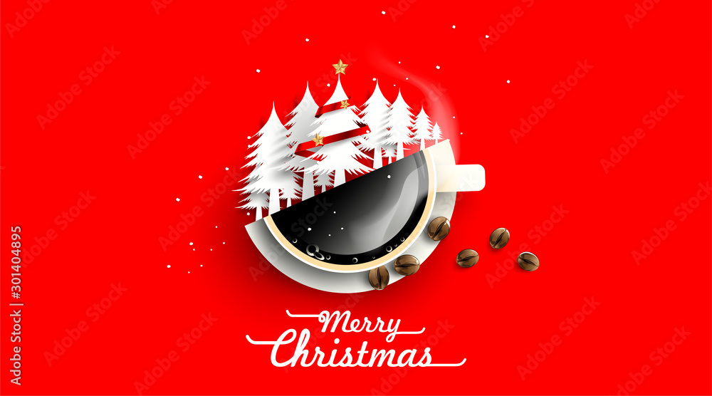 Christmas tree in cup off coffee and beans on white background from ...