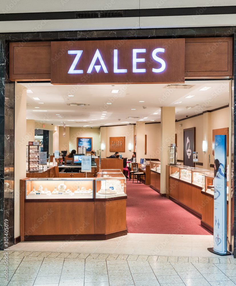 Fairfax, USA - February 18, 2017: Zales sign inside in mall jewelery ...
