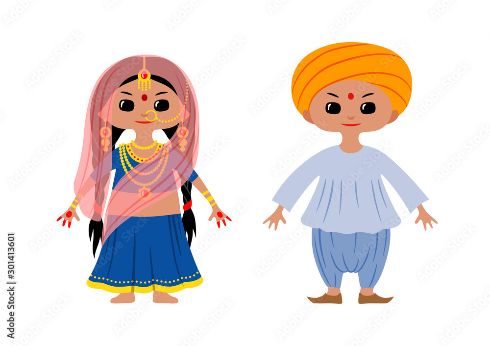 Two chibi style characters wearing traditional Indian costumes Stock ...
