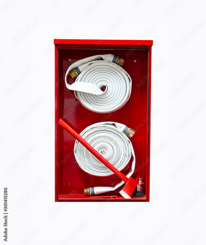 Red fire hose cabinet. There is a fire hose length of several meters in ...