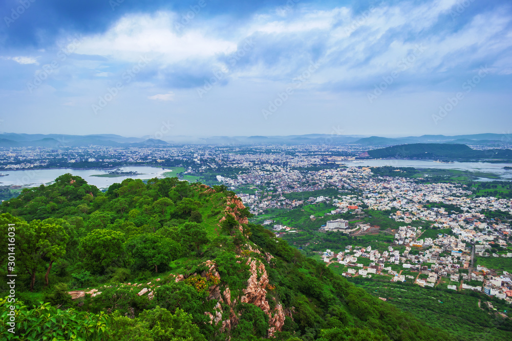 Top view of beautiful city of lakes, udaipur on the rainy day from ...