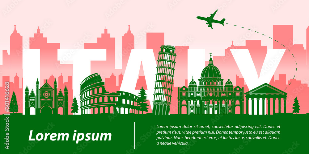 Italy top famous landmark silhouette style,Italy text within,travel and ...