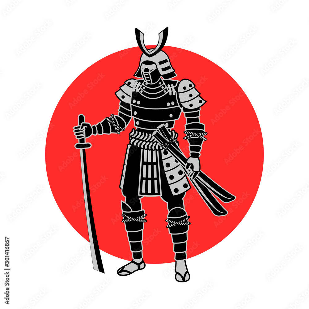 Samurai hold sword in front of red circle,warrior of japan,monochrome ...