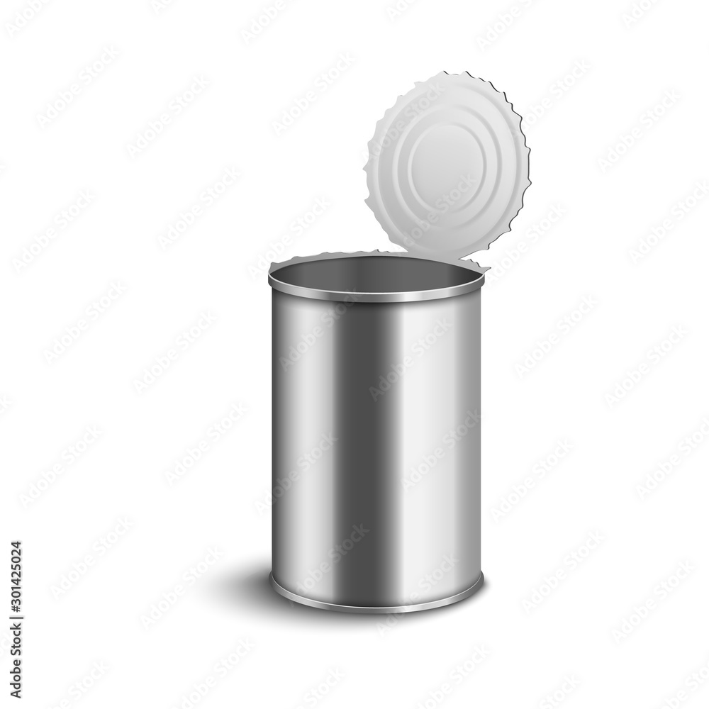Open tin can mockup with smooth shiny metal texture isolated on white ...