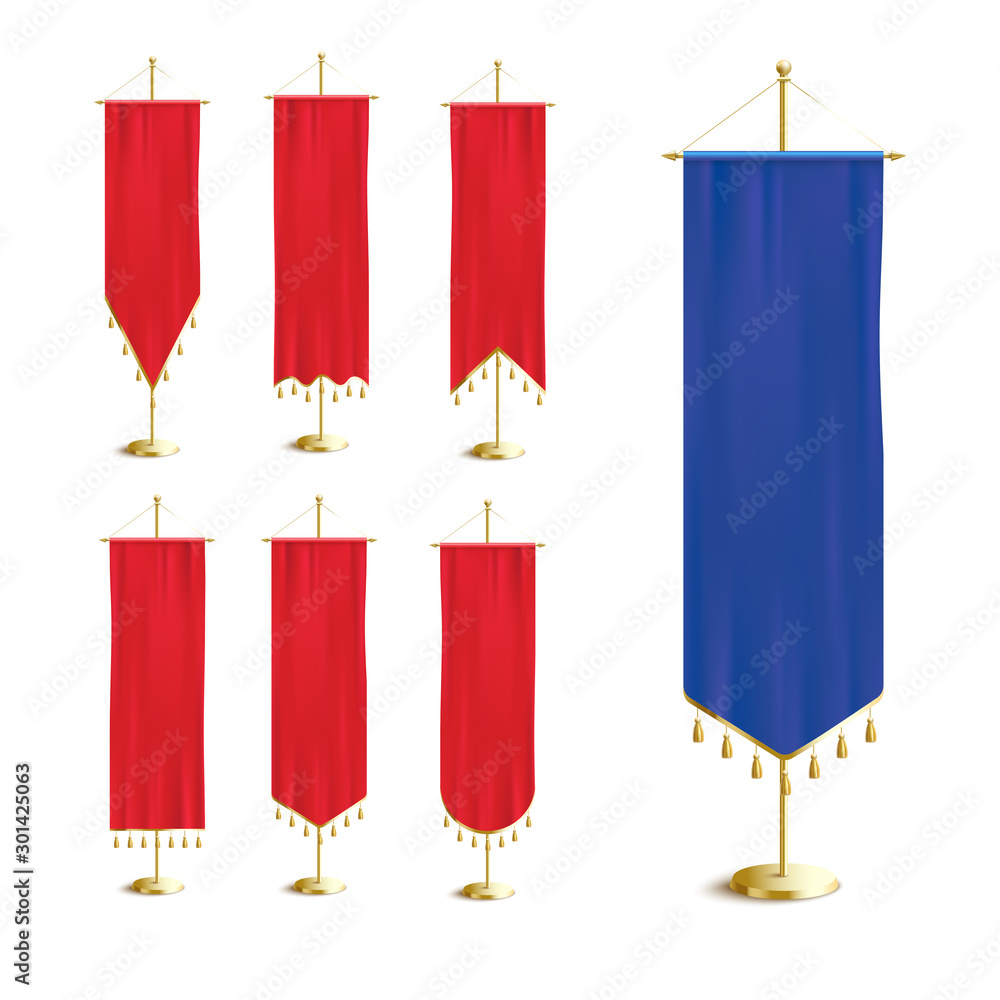 Red and blue medieval banner set with realistic silk fabric texture ...