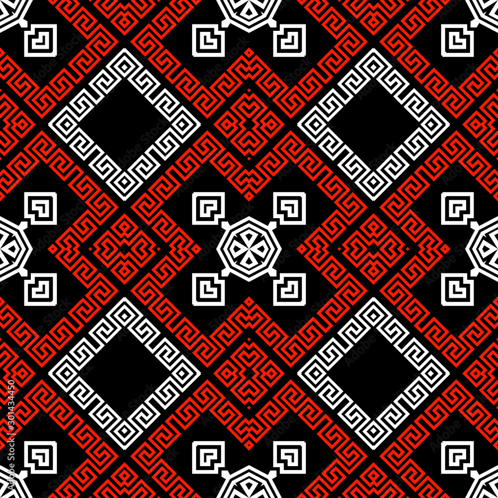 Tribal black white red elegant greek style vector seamless pattern ...