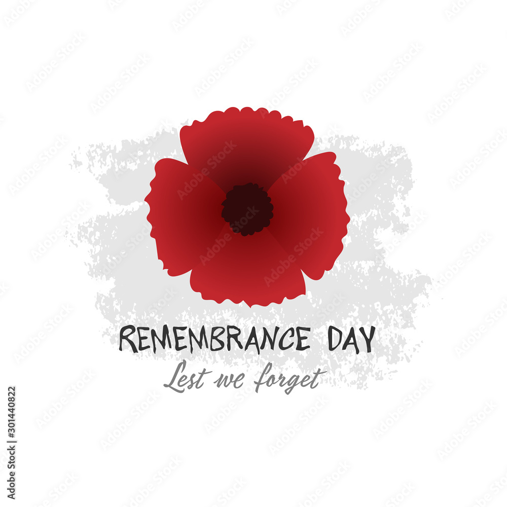Remembrance Day November 11 typography with red poppy flower ...