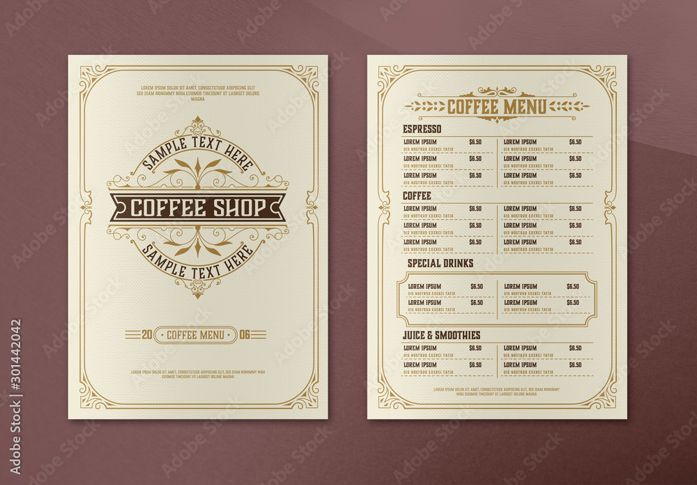 Restaurant Menu Layout with Ornamental Elements Stock Template | Adobe ...