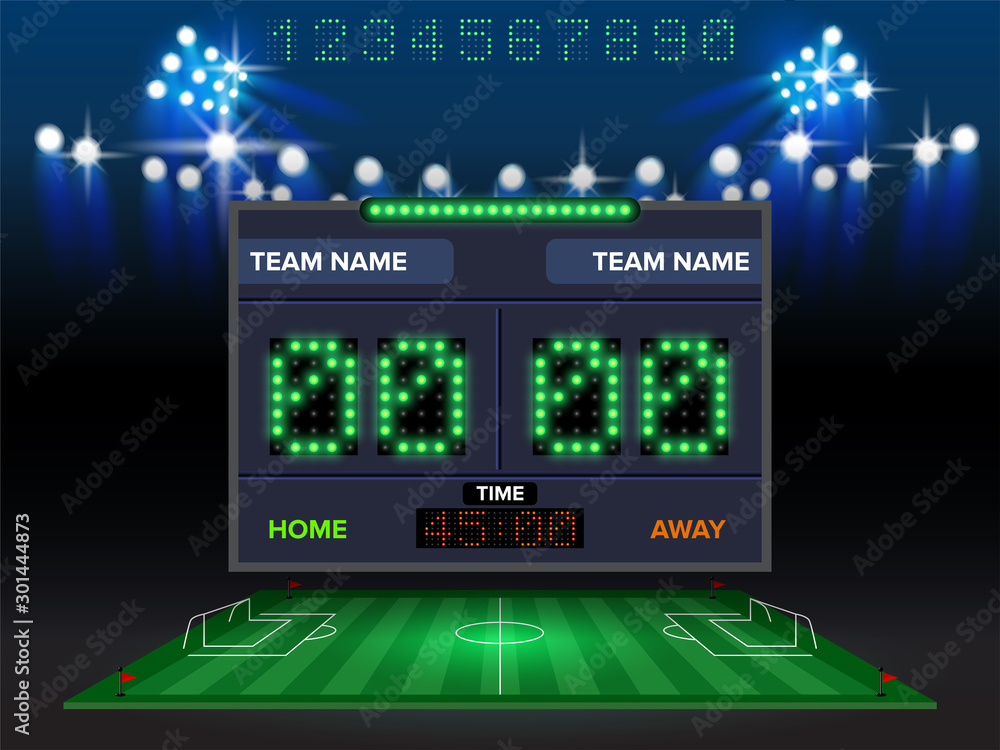 Stadium electronic sports scoreboard with soccer time and football ...