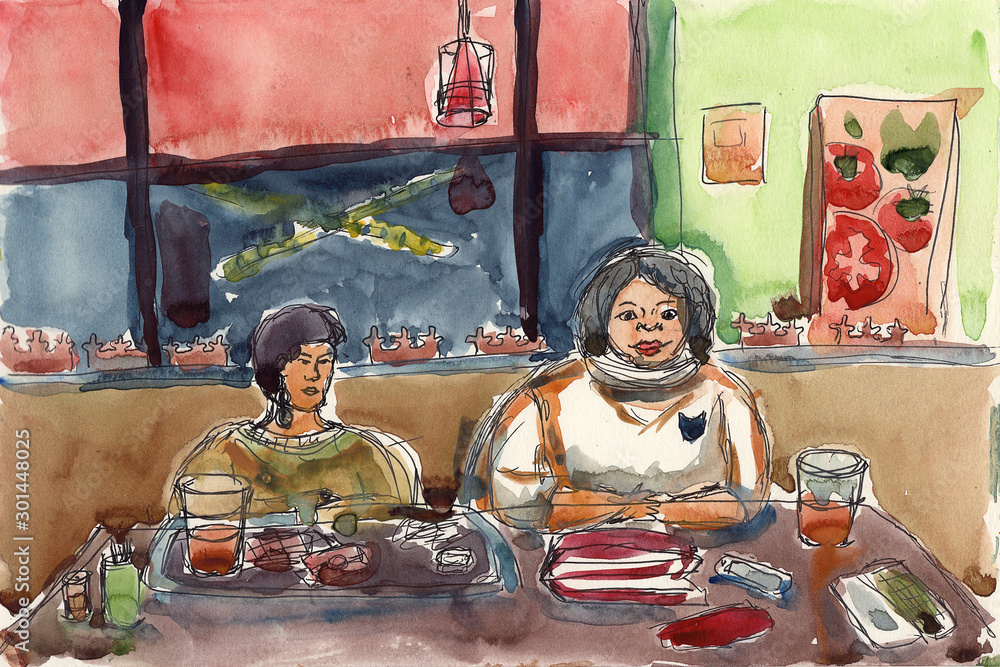 urban watercolor drawing sketch illustration cafe fast food restaurant ...