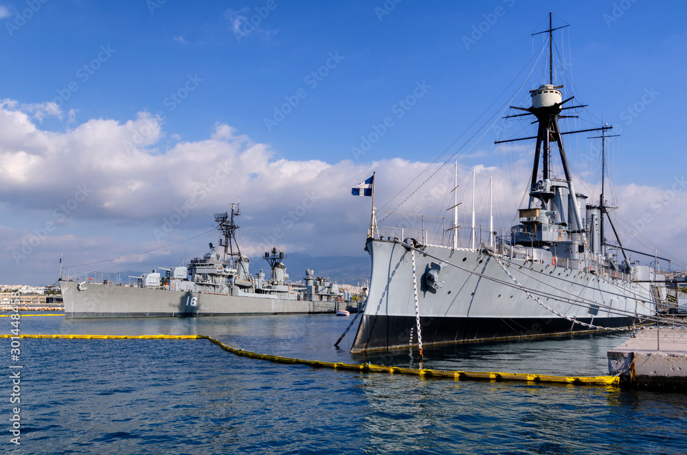 Athens, Attica / Greece. Georgios Averof (in the foreground) is a ...