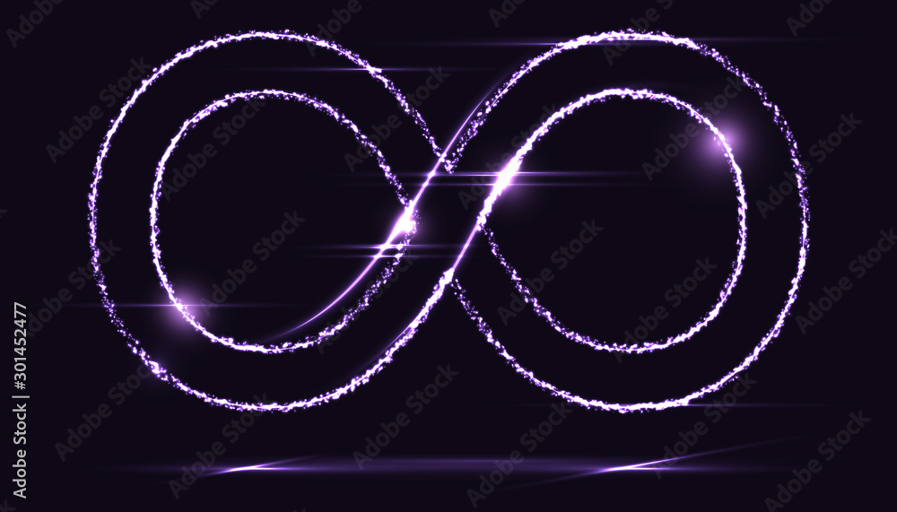 Infinity symbol with glow and glitter in violet color on dark ...