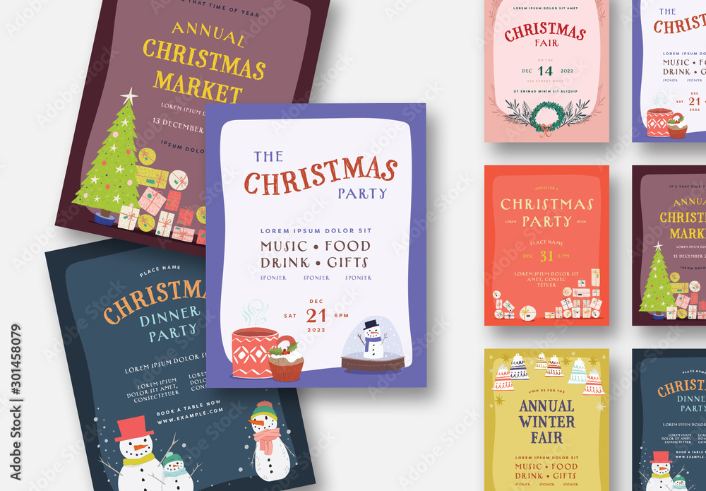 Illustrated Christmas Event Flyer Layout Set Stock Template | Adobe Stock